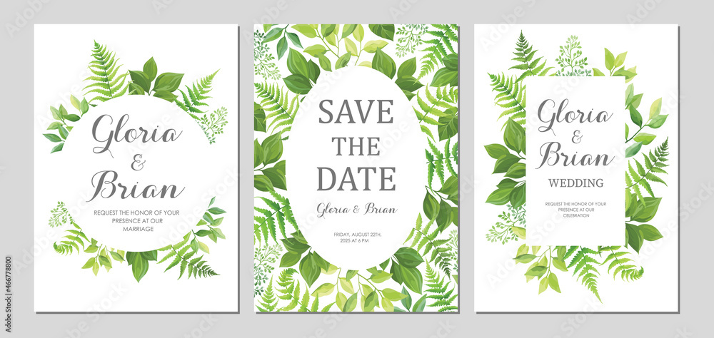 Wedding invitation with green leaves border. Invite card with place for ...