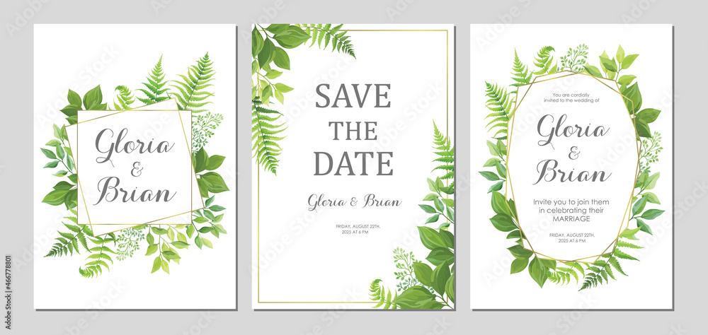 Wedding invitation with green leaves border and geometric frames ...