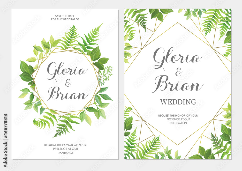 Wedding invitation with green leaves border and geometric frames ...