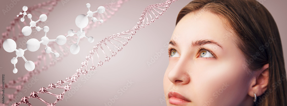 Molecules structure and dna stem near sensual woman. Stock Photo ...