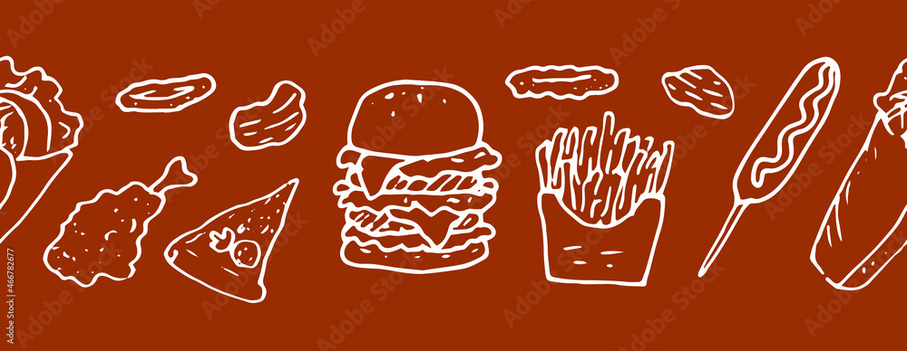 seamless fast food border on red background. horizontal stripe, of ...