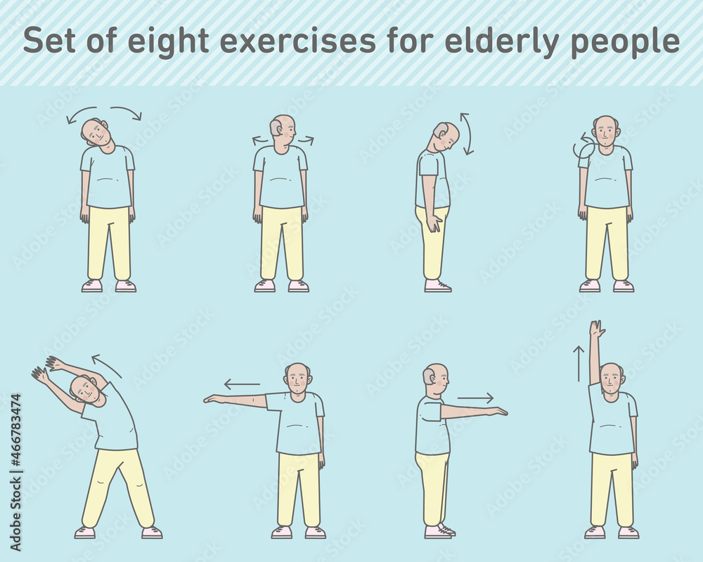 Set of eight exercises for elderly people illustration Stock Vector ...