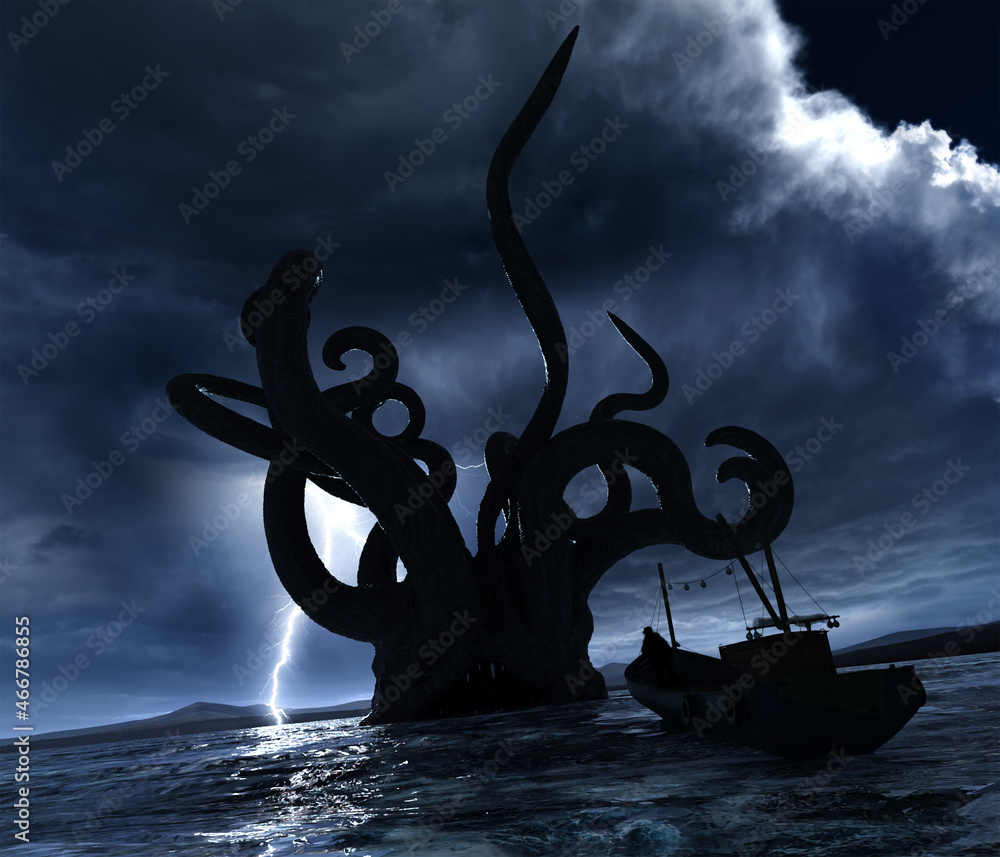 3d illustration of a giant sea monster with tentacles rising up out of ...
