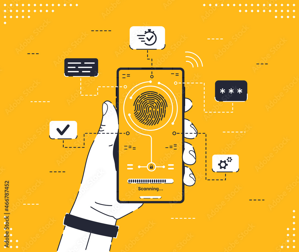 Fingerprint scanning to mobile phone. Human hand holding gadget with ...
