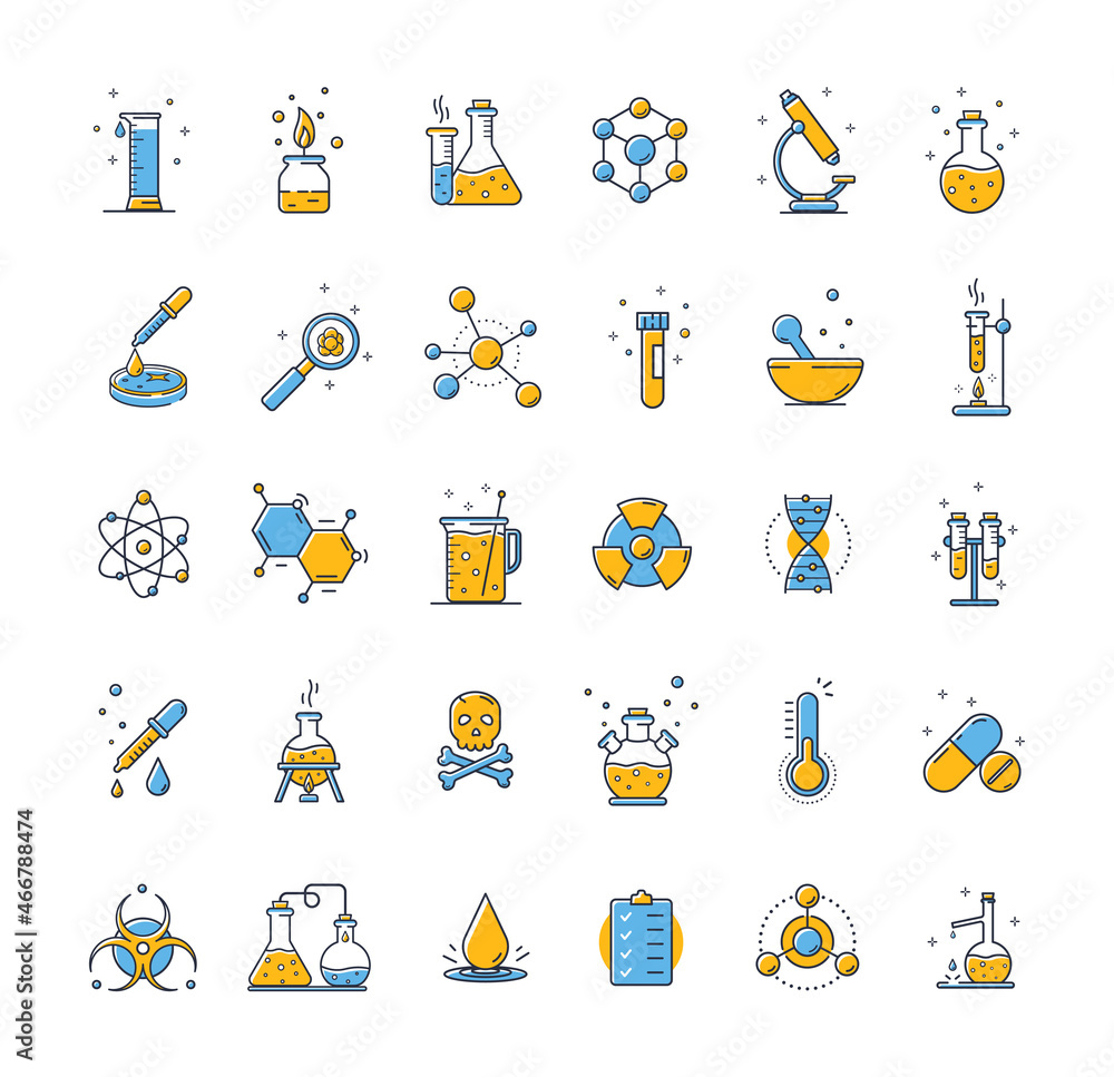 Large set of Chemistry lab and diagrammatic icons showing assorted ...