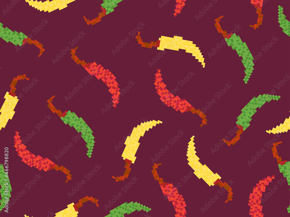 Hot chili peppers seamless pattern in style pixel art. Pixel chili ...