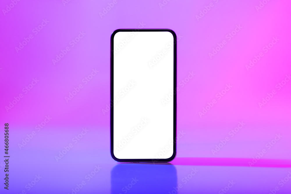 Modern smartphone with empty white screen in neon light, mockup for new ...