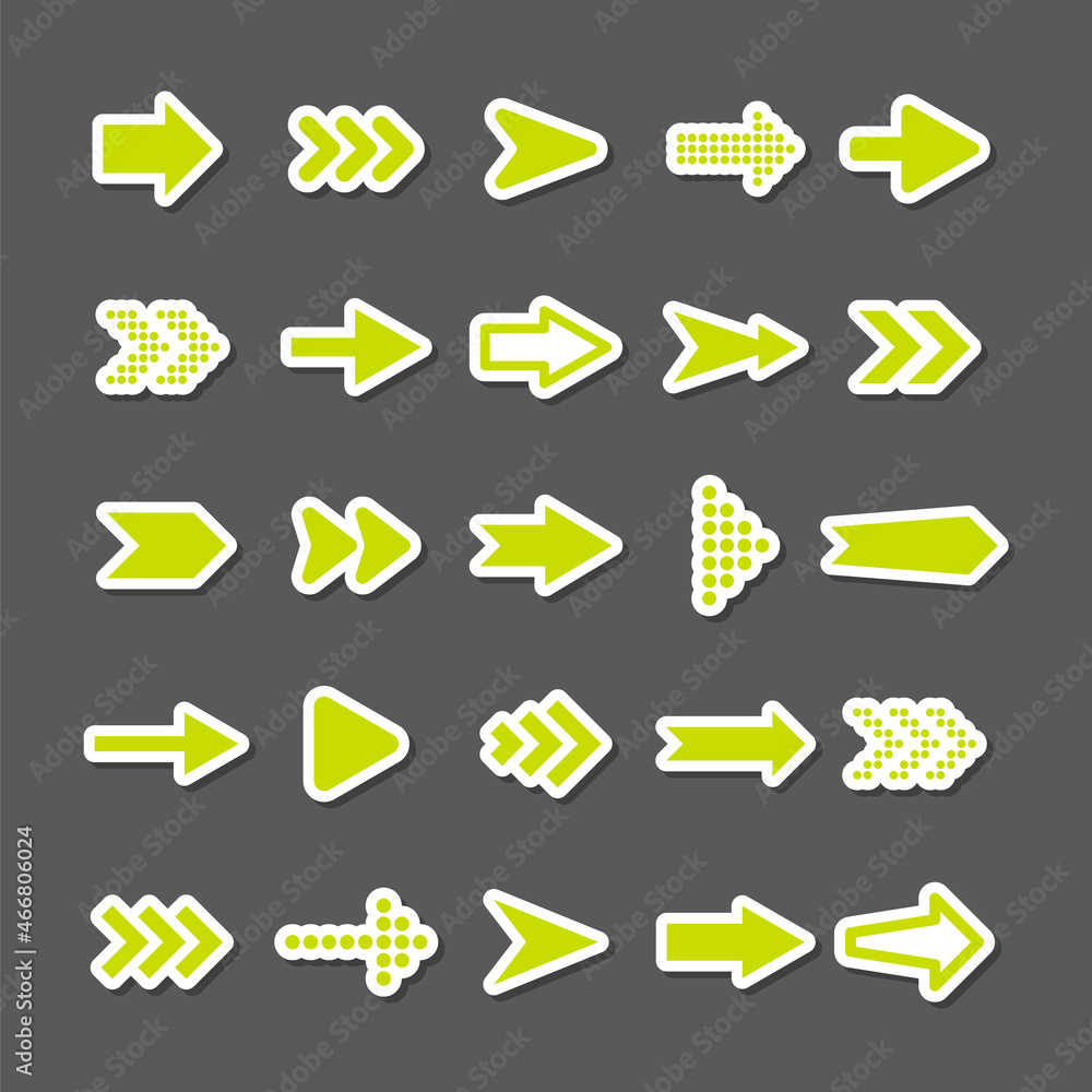 Colorful arrow stickers set. Green cursor icons, pointers collection ...