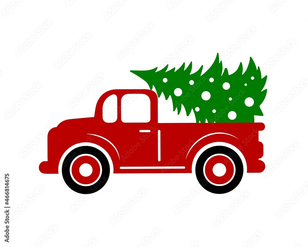 Vintage red truck with Christmas tree isolated on white background ...
