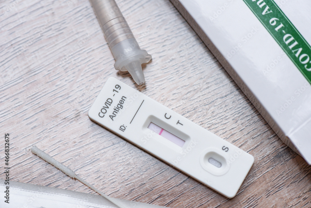 Covid-19 antigen test kit on a table, Tested for Covid-19 with a nasal ...