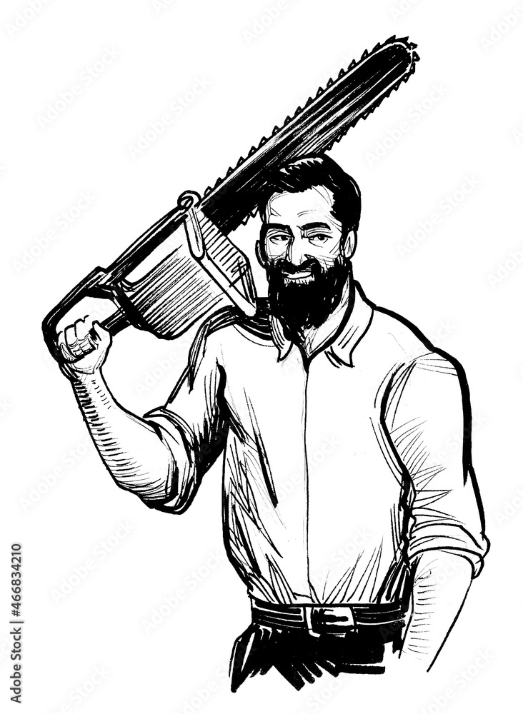 Ink black and white drawing of a lumberjack with a chainsaw Stock ...