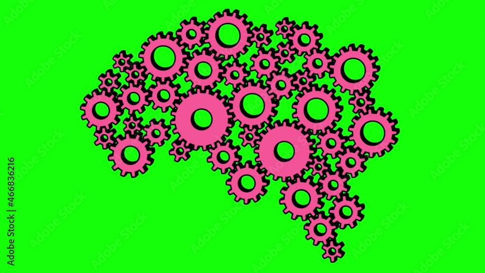 Brain cartoon cogs on green background. Creative man, creativity ...