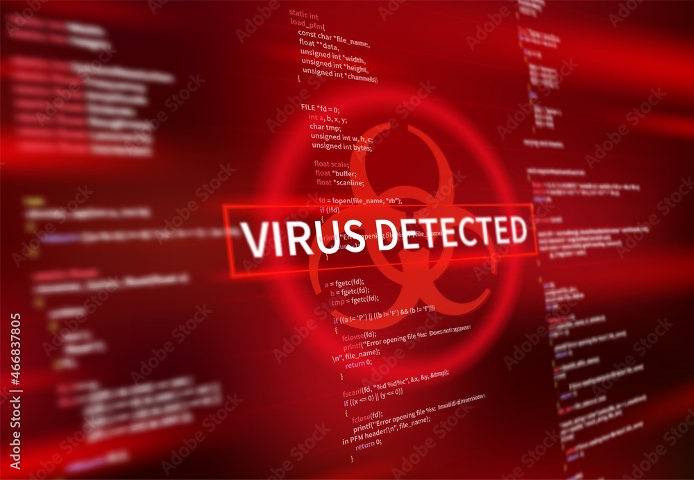 Virus detected warning alert message on computer screen. Cyber security, hacking attack vector ...