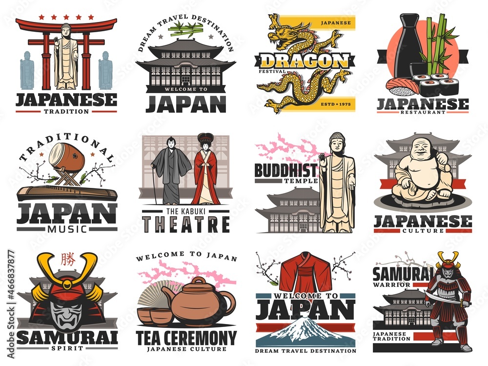 Japan isolated vector icons with Japanese travel landmark, food ...