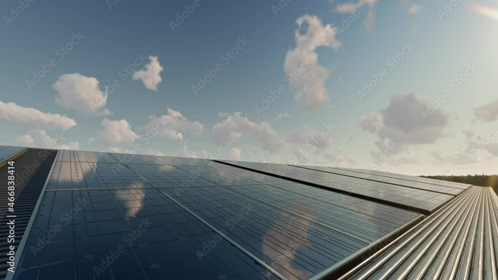 Solar panel on the rooftop with blue sky, time lapse and panning camera ...