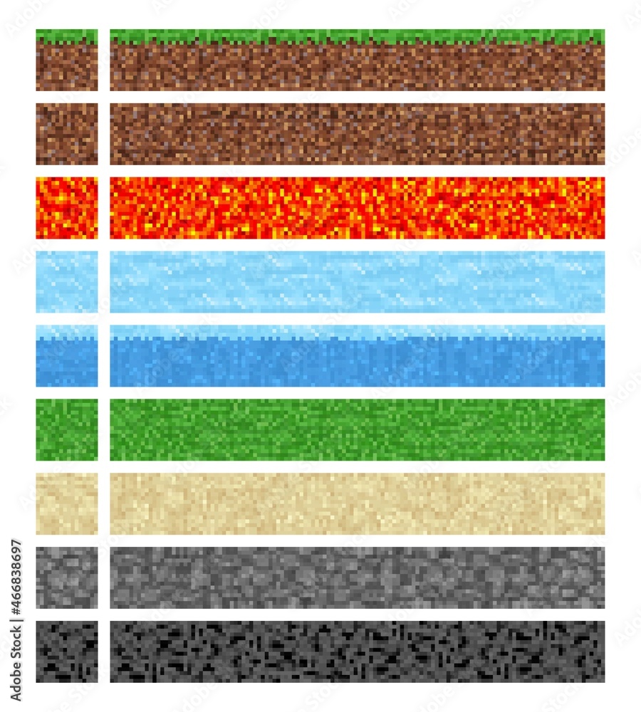 Game cubic pixel textures. Water, ice and ground, stone, grass and sand ...