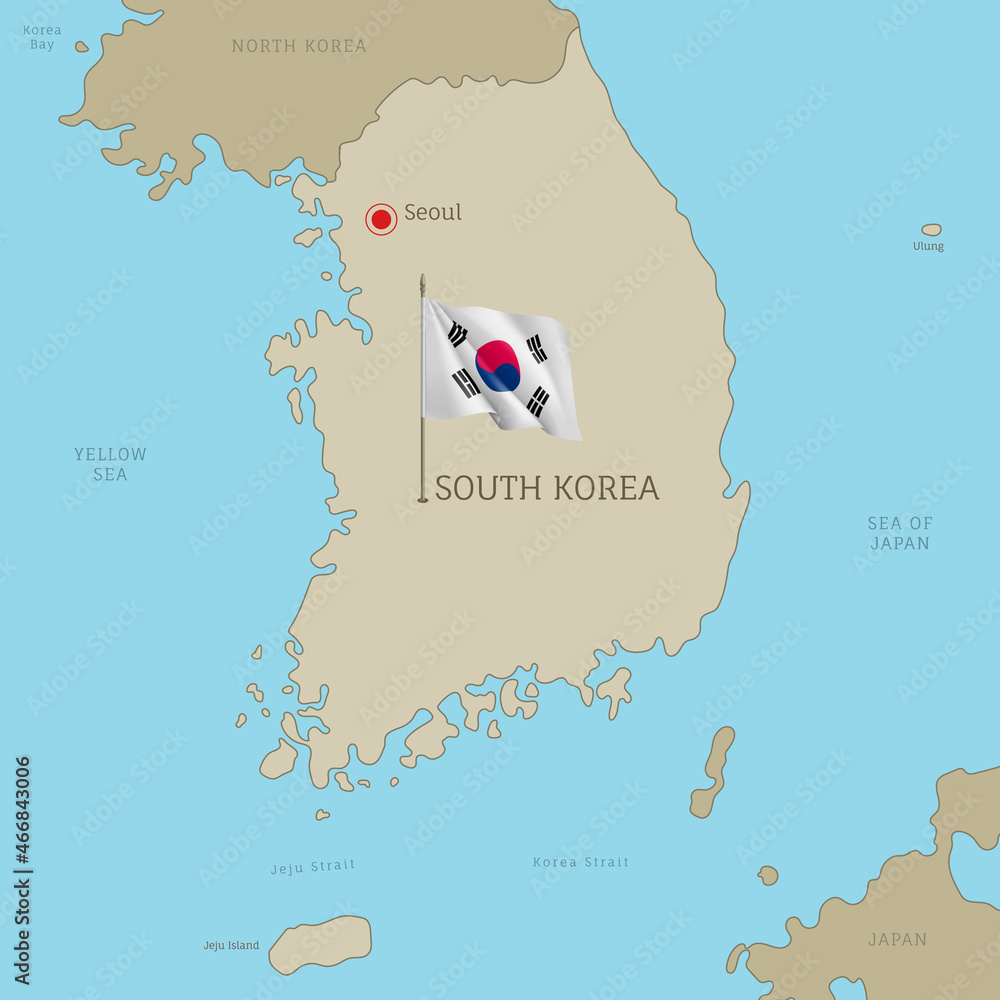 Highly detailed South Korean map with flag and labelings. Editable gray ...