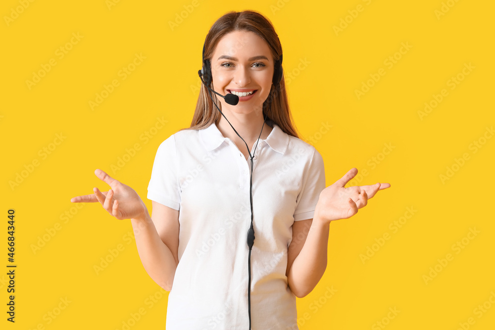 Female technical support agent on color background Stock Photo | Adobe ...