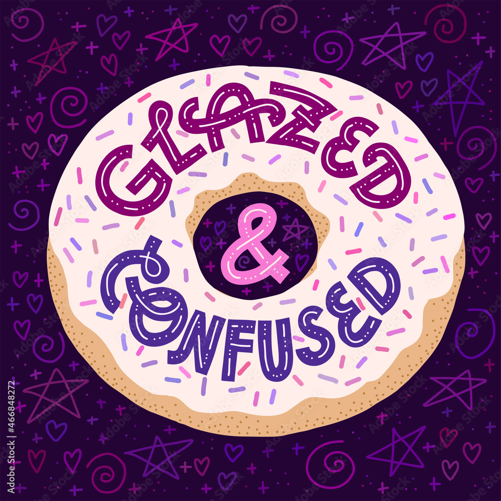 Glazed and Confuzed lettering on a donut with glaze and sprinkles. Dark ...