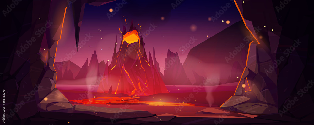 Volcano eruption view from cave, Halloween background with hell ...