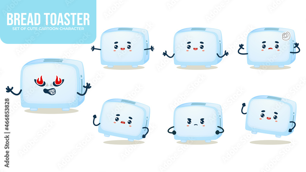 Set of cute bread toaster cartoon character with different poses ...