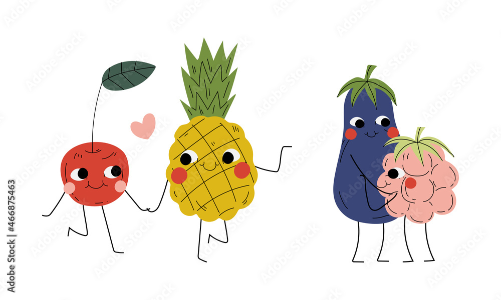 Cute Flushed Fruit and Vegetables Holding Hands and Hugging Vector Set ...