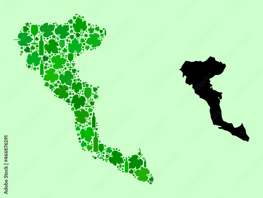 Vector Map of Corfu Island. Collage of green grape leaves, wine bottles ...