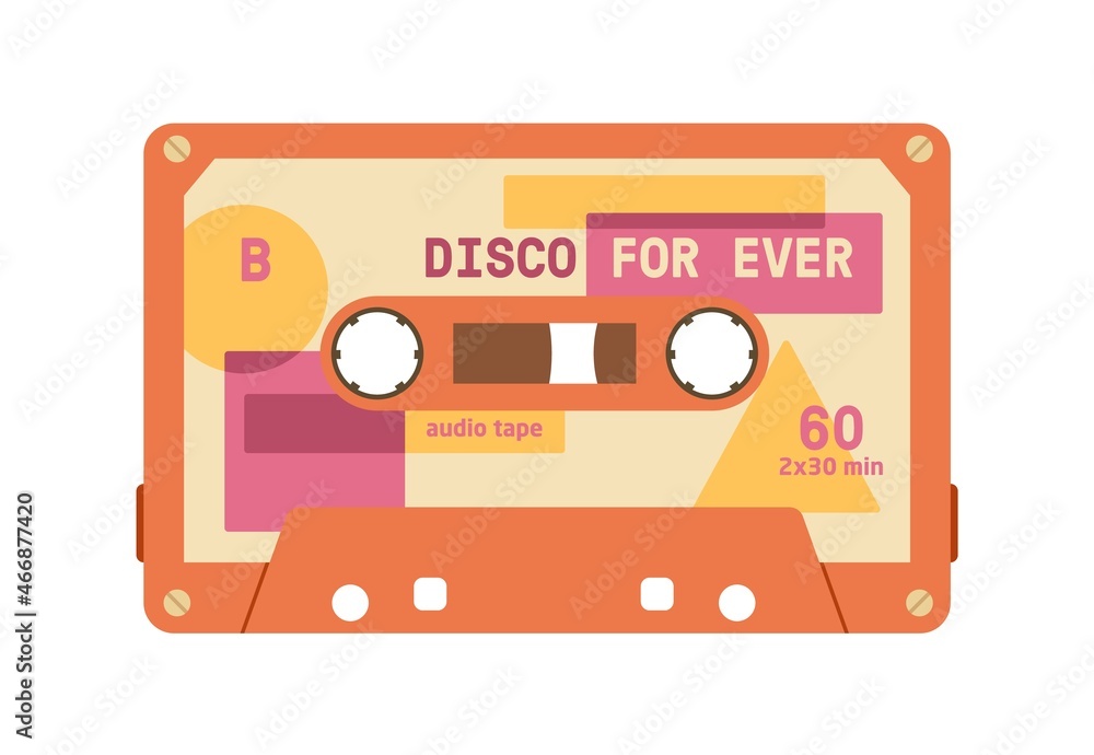 Stereo music cassette with records of 80s disco. Magnetic audio tape ...