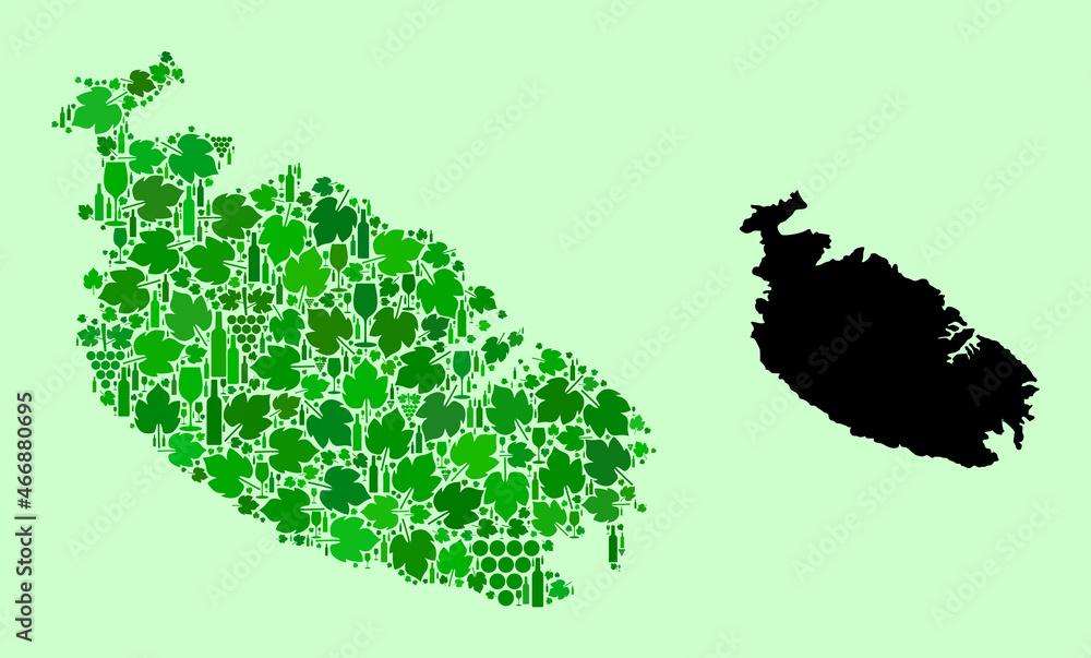 Vector Map of Malta Island. Mosaic of green grapes, wine bottles. Map ...