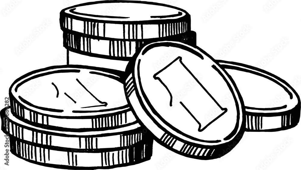 hand draw vector sketch of coins contours, lineart, black and white ...