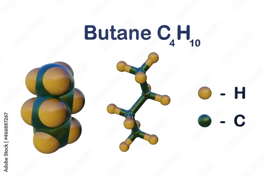Structural chemical formula and molecular model of butane or n-butane ...