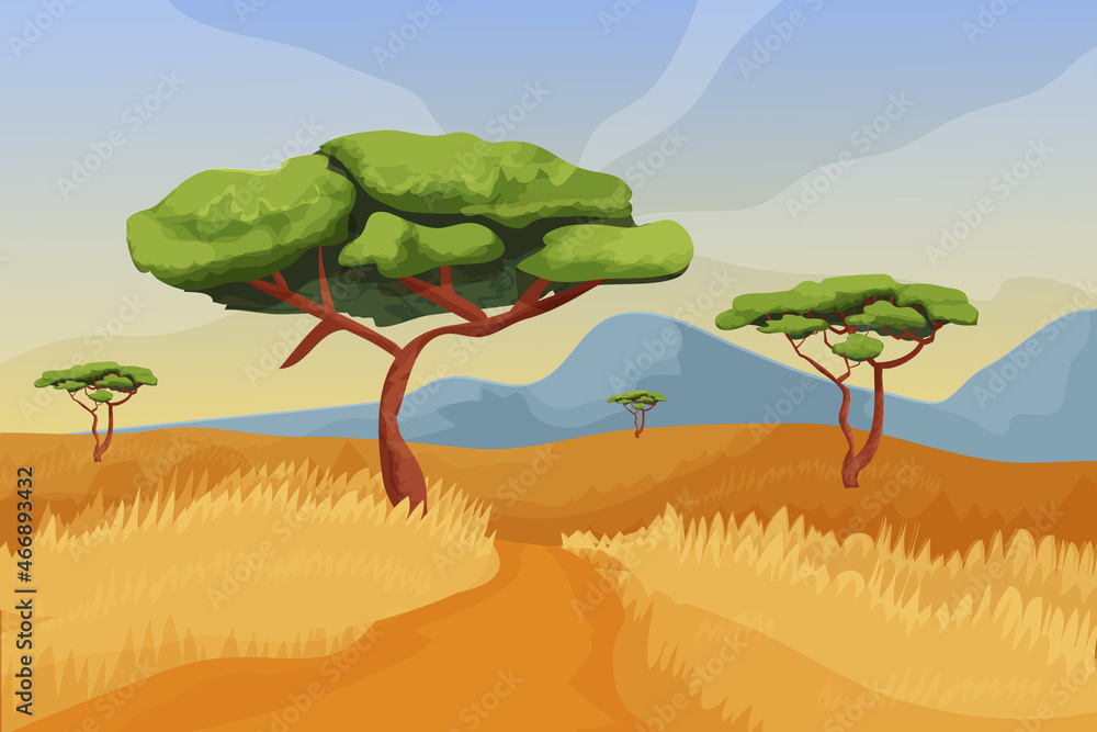 Savannah landscape, scenery with acacia trees, road, blue sky and ...