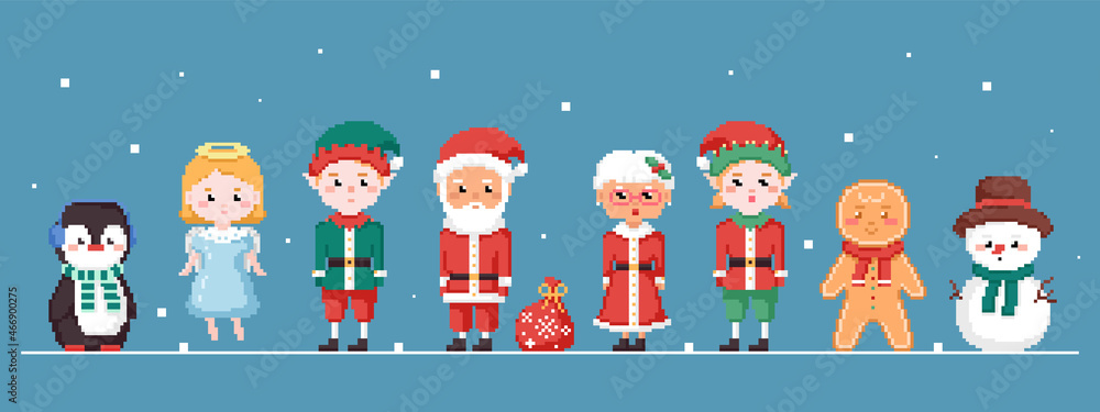 Pixel art Christmas characters icon set. Vector 8 bit style retro ...