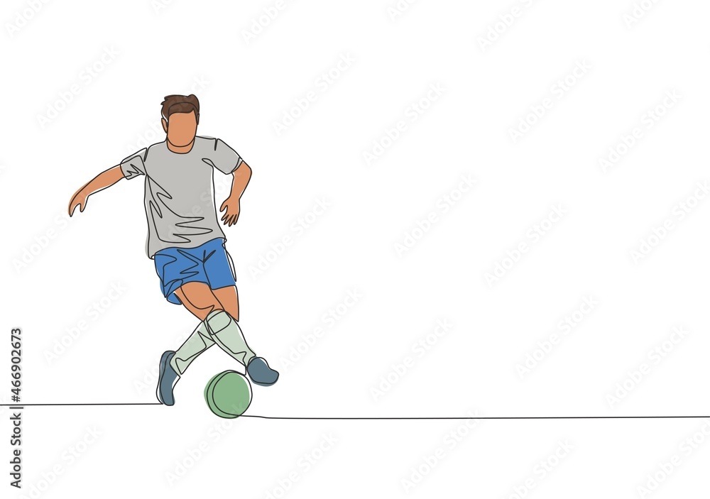 One continuous line drawing of young energetic football player ...