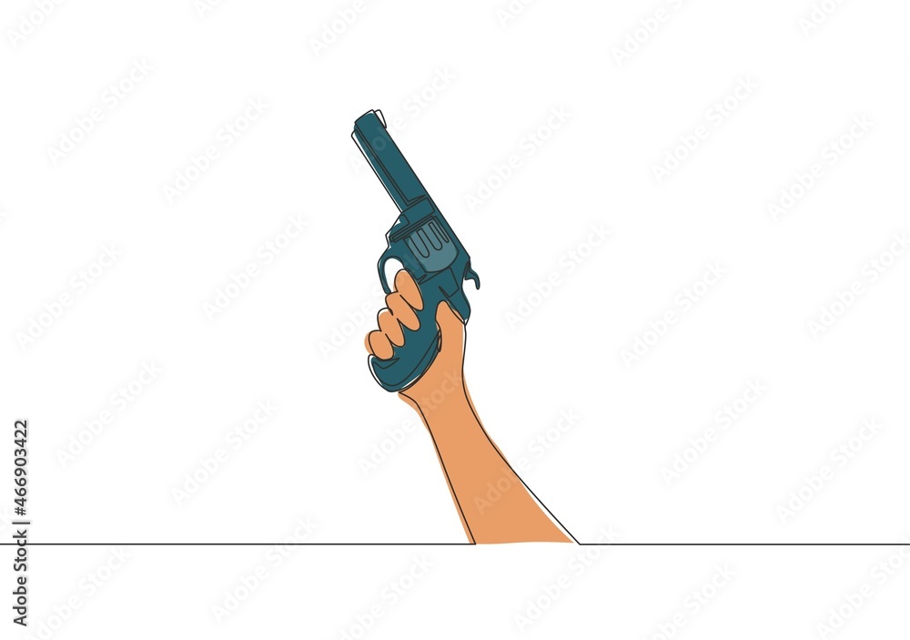 Single continuous line drawing of man holding revolver hand gun ...
