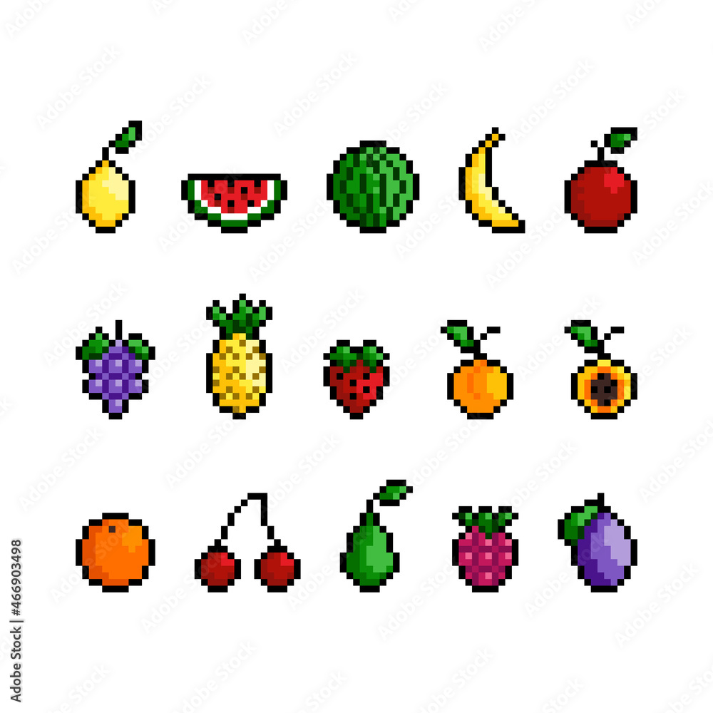 Set of pixel fruits and berries for games or mobile applications. Old ...