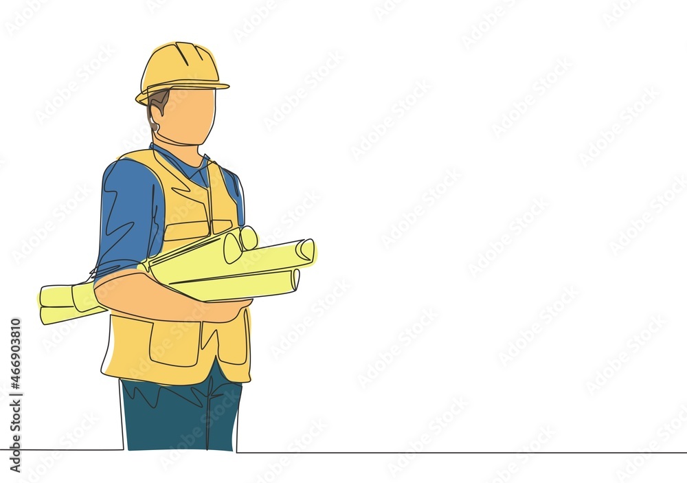 Single continuous line drawing of young attractive architecture holding ...