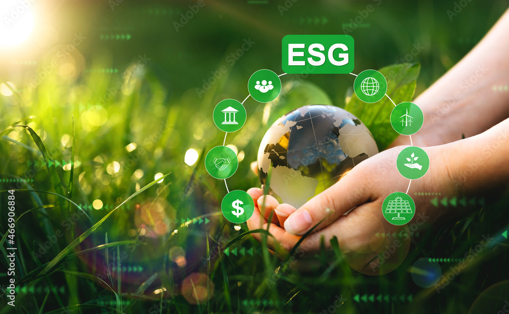 Hand holding crystal globe with network connection and ESG icons ...