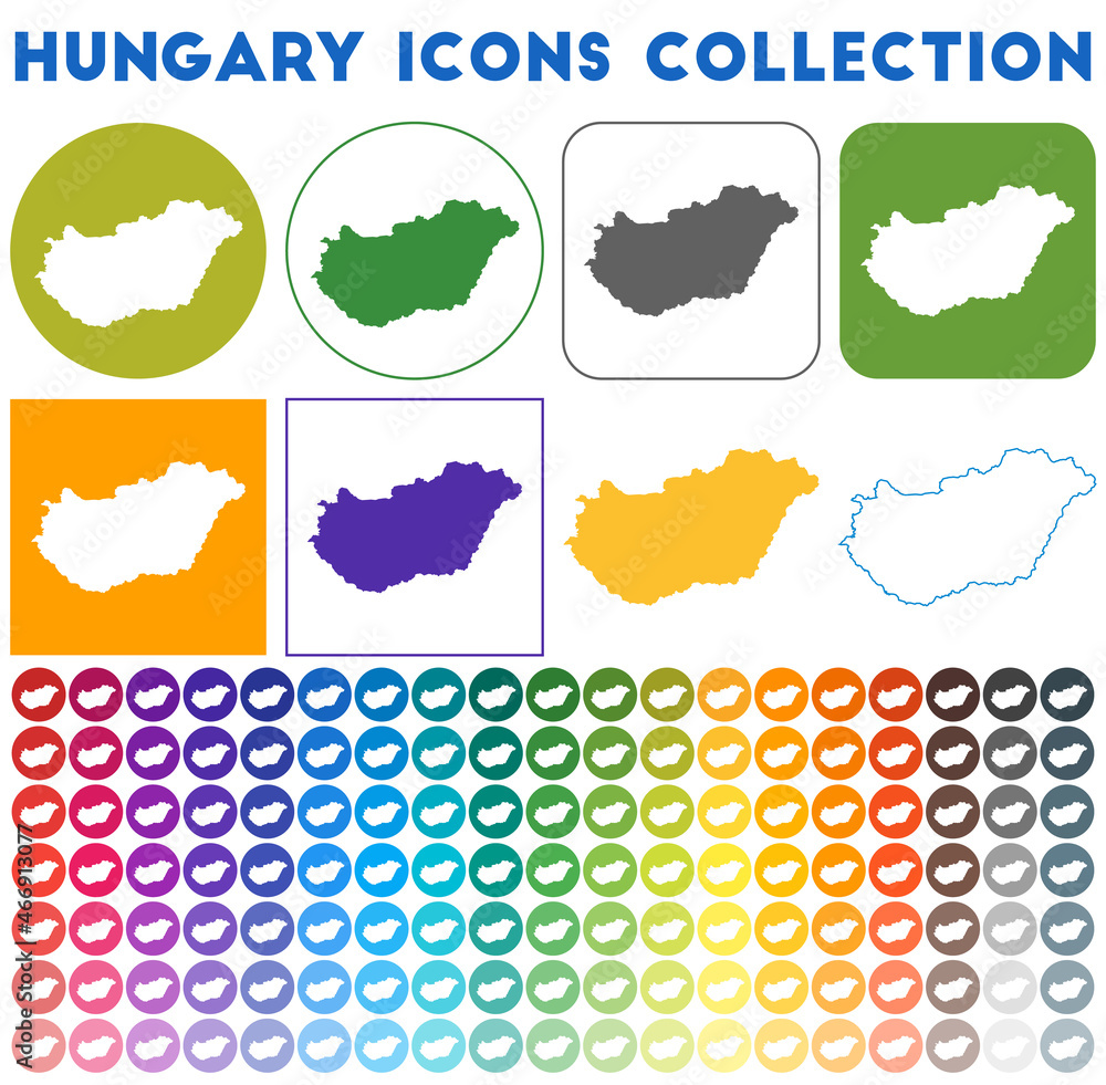 Hungary icons collection. Bright colourful trendy map icons. Modern ...