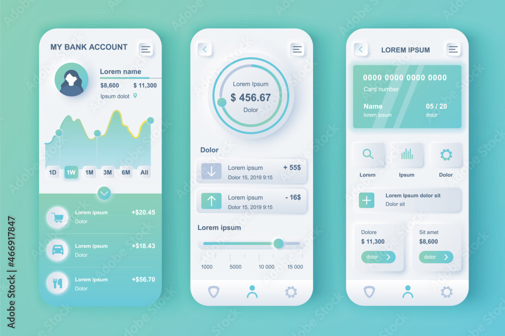 Online banking concept neumorphic templates set. Financial accounting ...