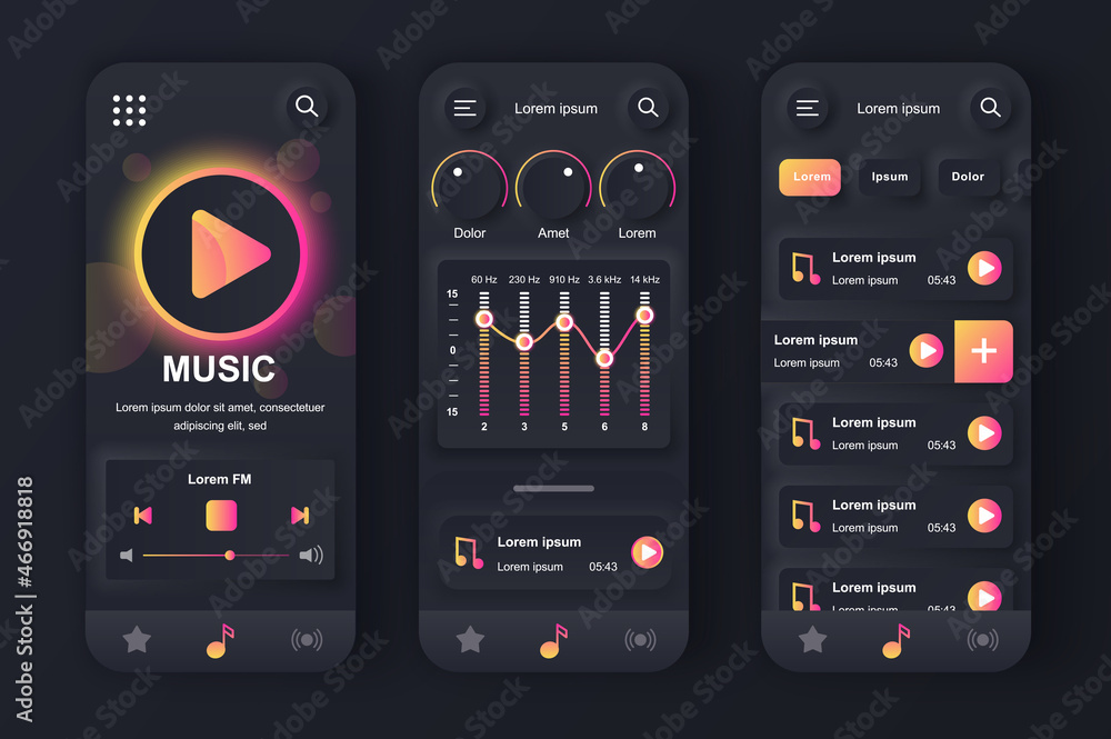 Music player concept neumorphic templates set. Play songs, equalizer ...