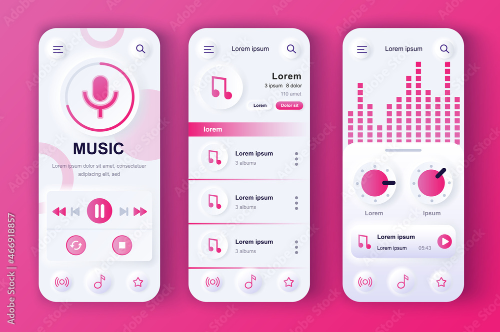 Music player concept neumorphic templates set. Play music, song ...
