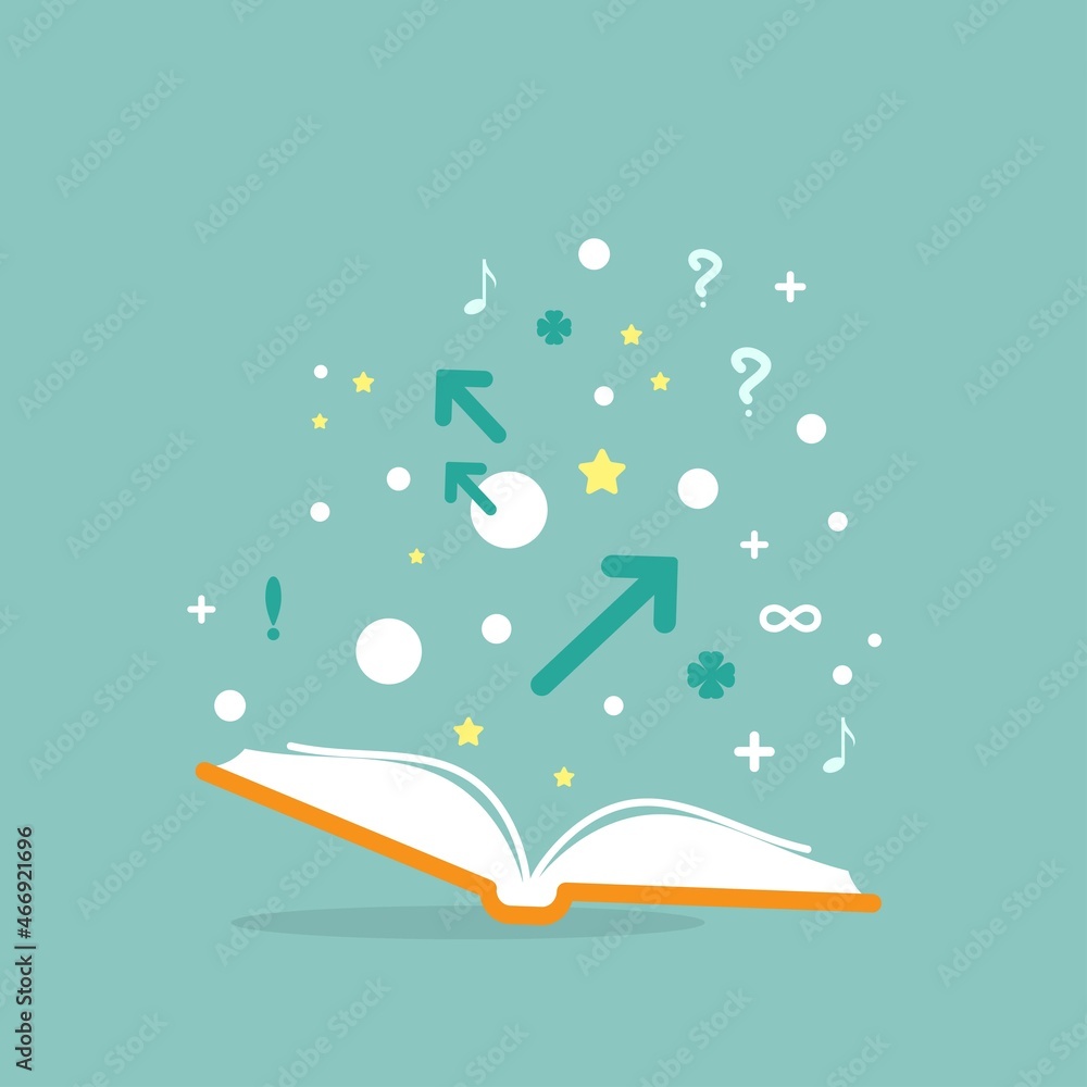 Open book with question marks, plus singn, arrows and bubbles on powder ...