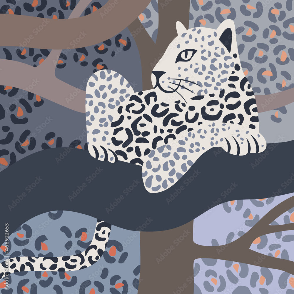 Leopard lying on a tree branch looking left. Vector wildlife ...