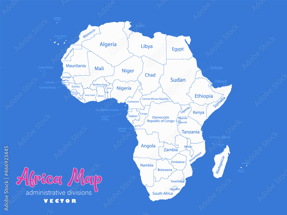 Africa map, administrative divisions whit names states, blue background ...