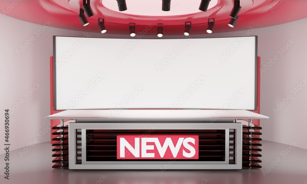 red table on stand with led screen background in a news studio room.3d ...