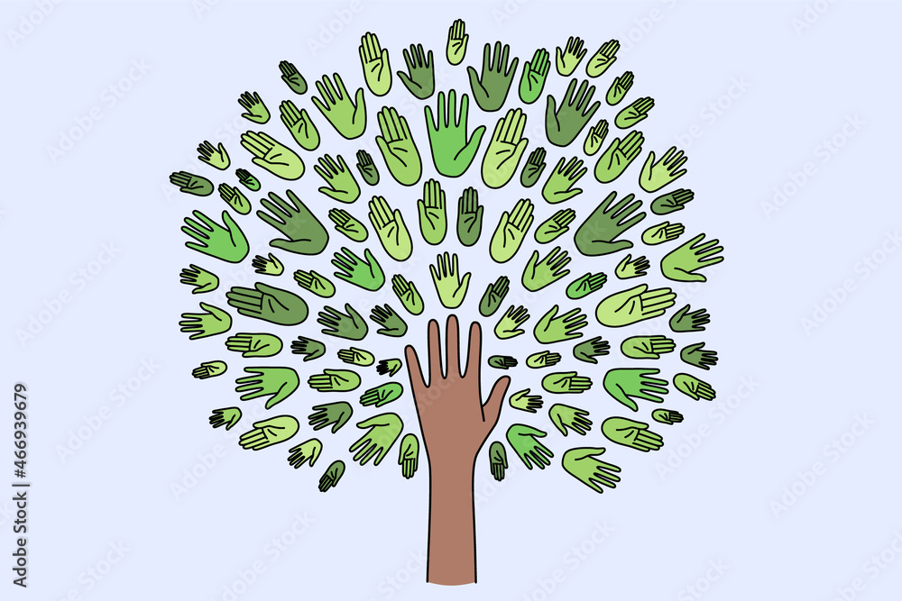 Unity, togetherness and ecology concept. Human hand forming tree with ...