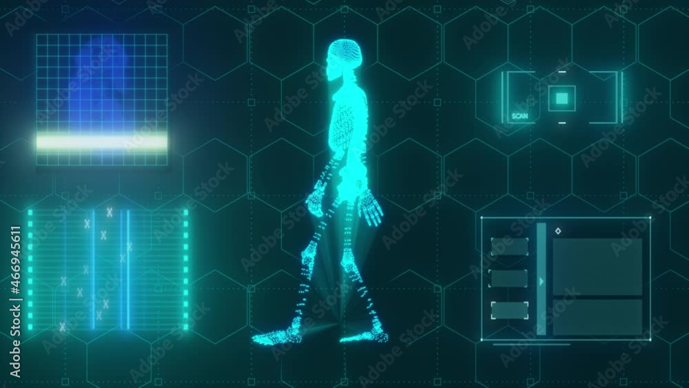 Technological concept. Walking 3d model of a skeleton on the background ...