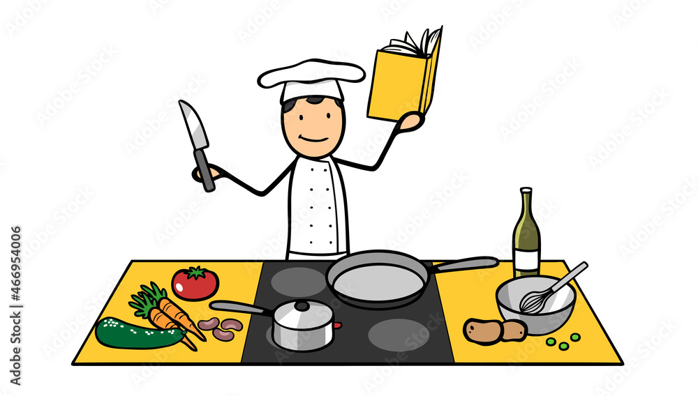 Koch mit Kochbuch in Küche bei Zubereitung von Essen Stock Illustration ...