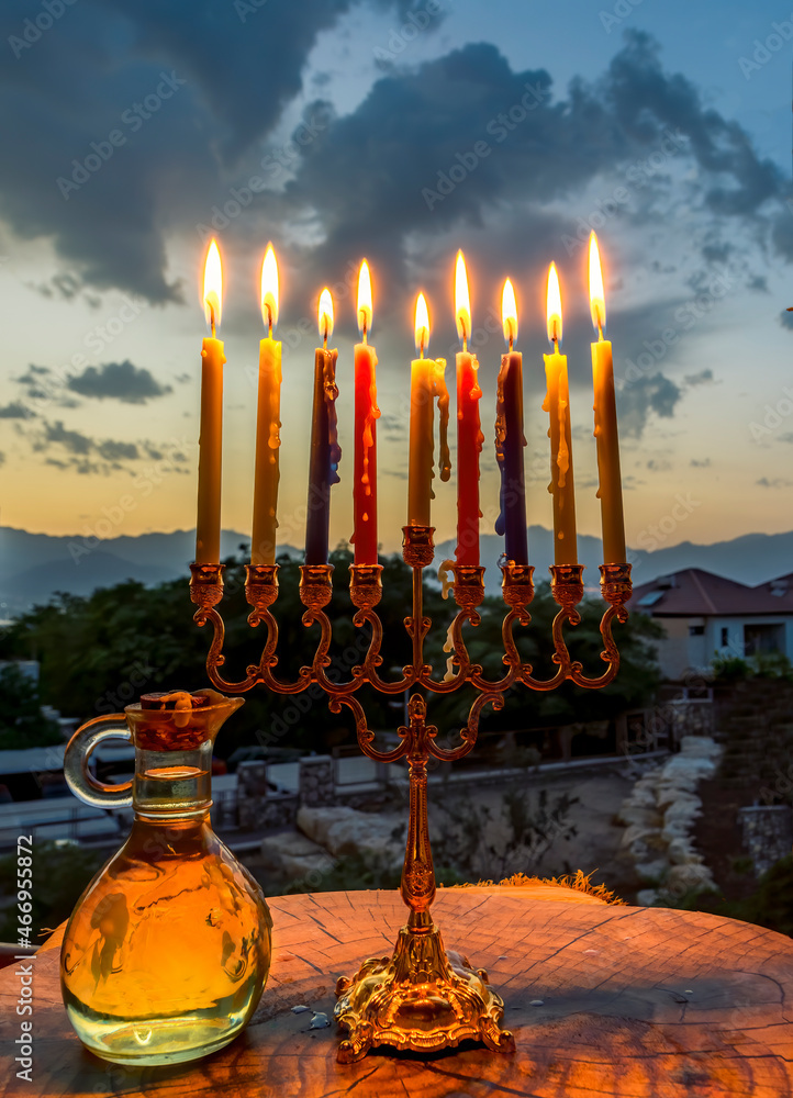 Burning festive candles are traditional symbols of Hanukkah Holiday of ...